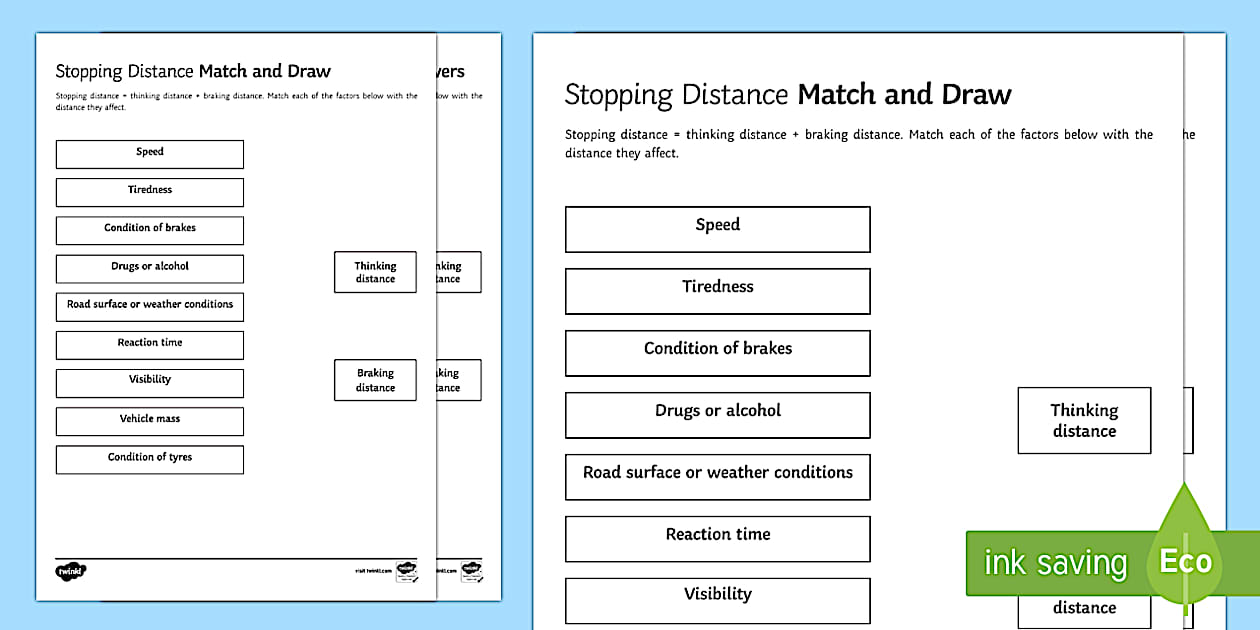 Stopping Distance Match and Draw Worksheet | Beyond - Twinkl