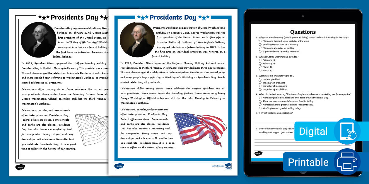 Presidents Day Reading Comprehension PDF | Twinkl USA