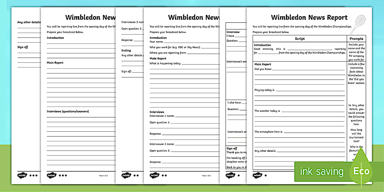 KS2 Wimbledon News Report Differentiated Worksheet / Worksheet