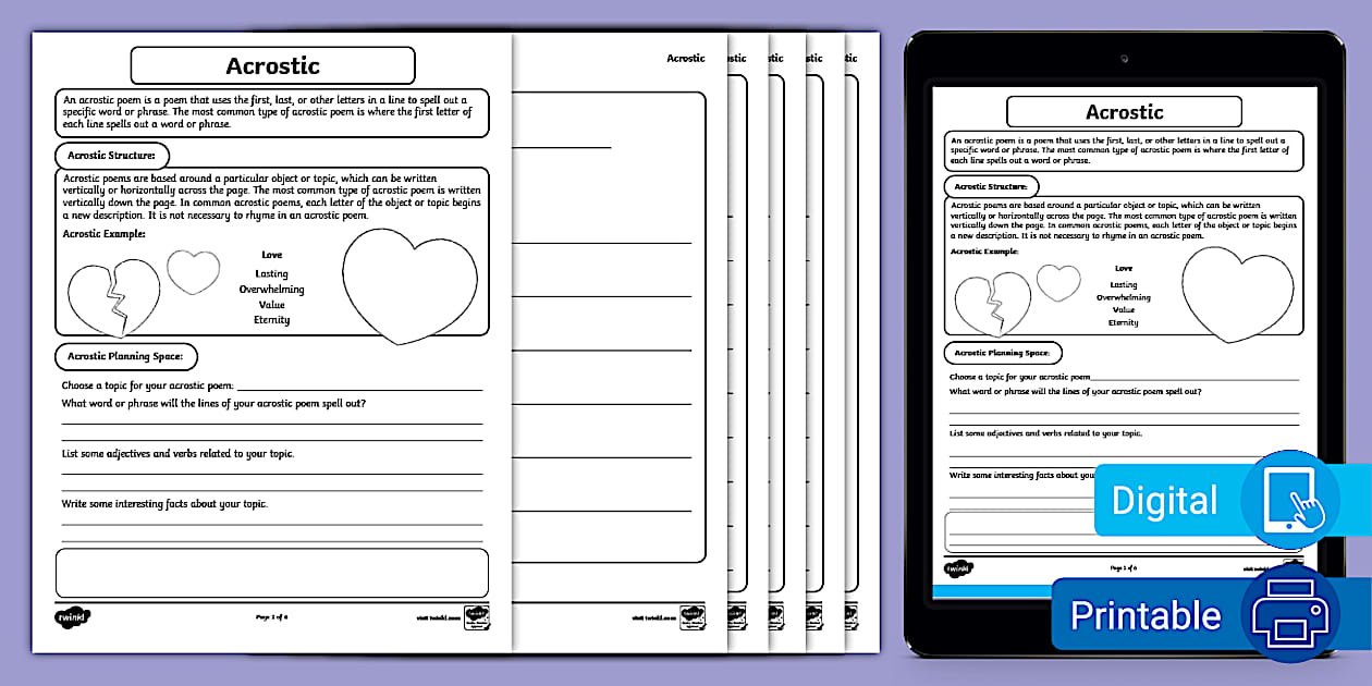 Writing Acrostic Poems Worksheet for 6th-8th Grade - Twinkl