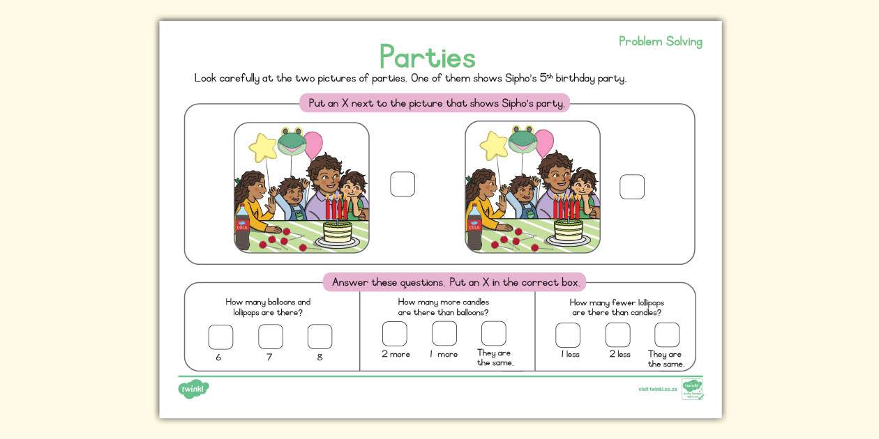 Grade R Problem Solving - The Party - Twinkl