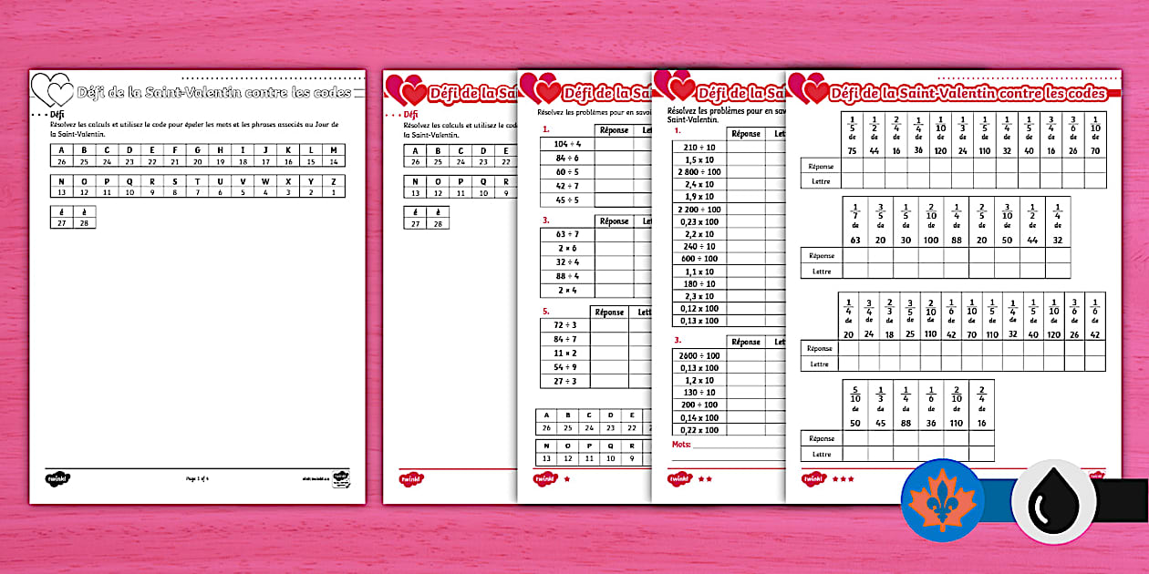 Valentine's Day Code Breaker Differentiated Math Worksheets French