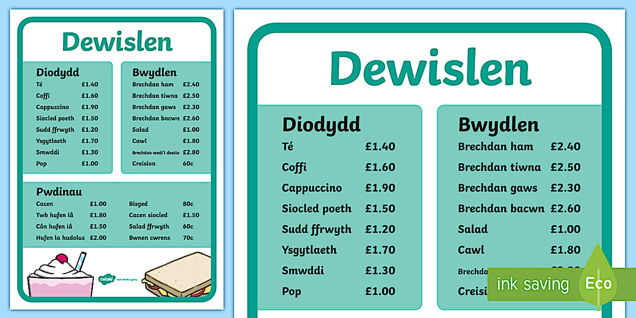 Welsh Menu | Café Role Play Activity for EYFS / KS1 - Twinkl