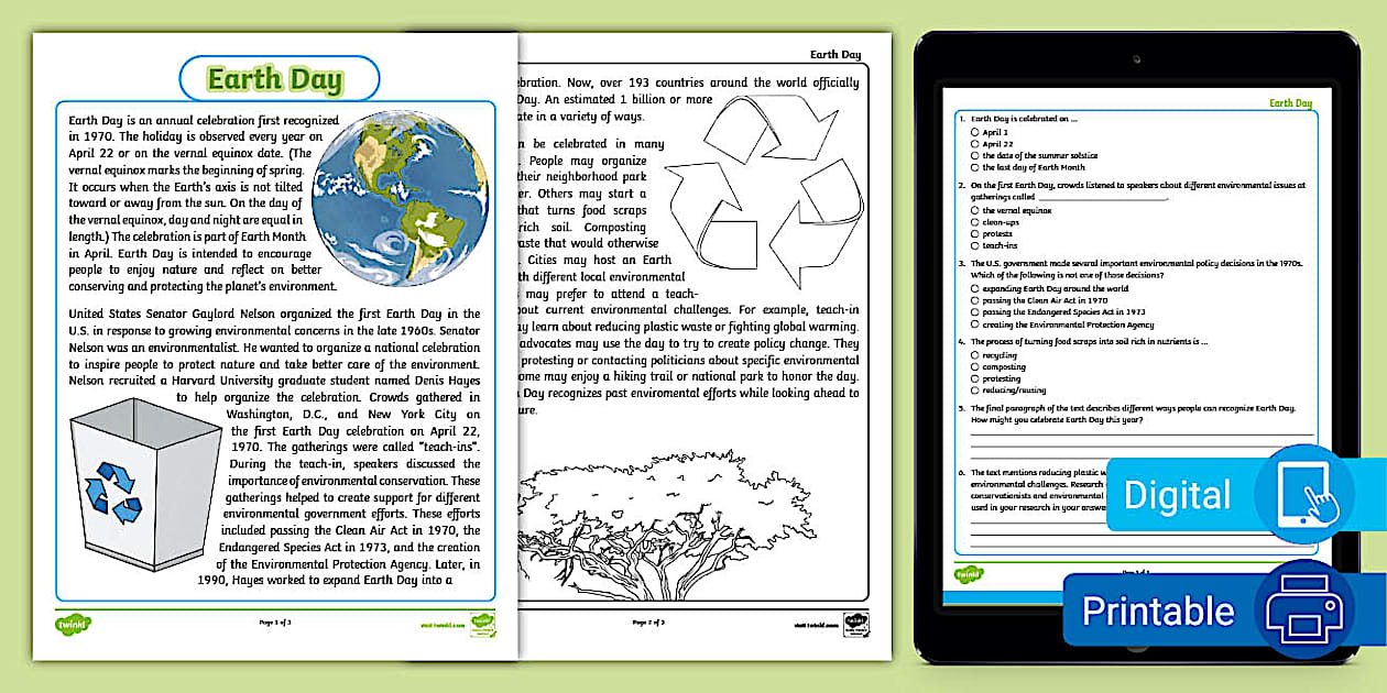 Sixth Grade Earth Day Reading Comprehension Worksheet