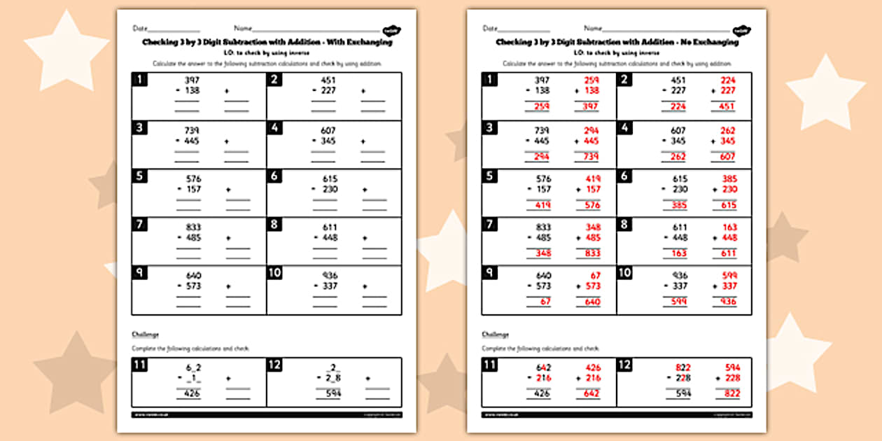 Y3 Inverse Check 3 Digit 3 Subtraction Addition Exchanging Sheet