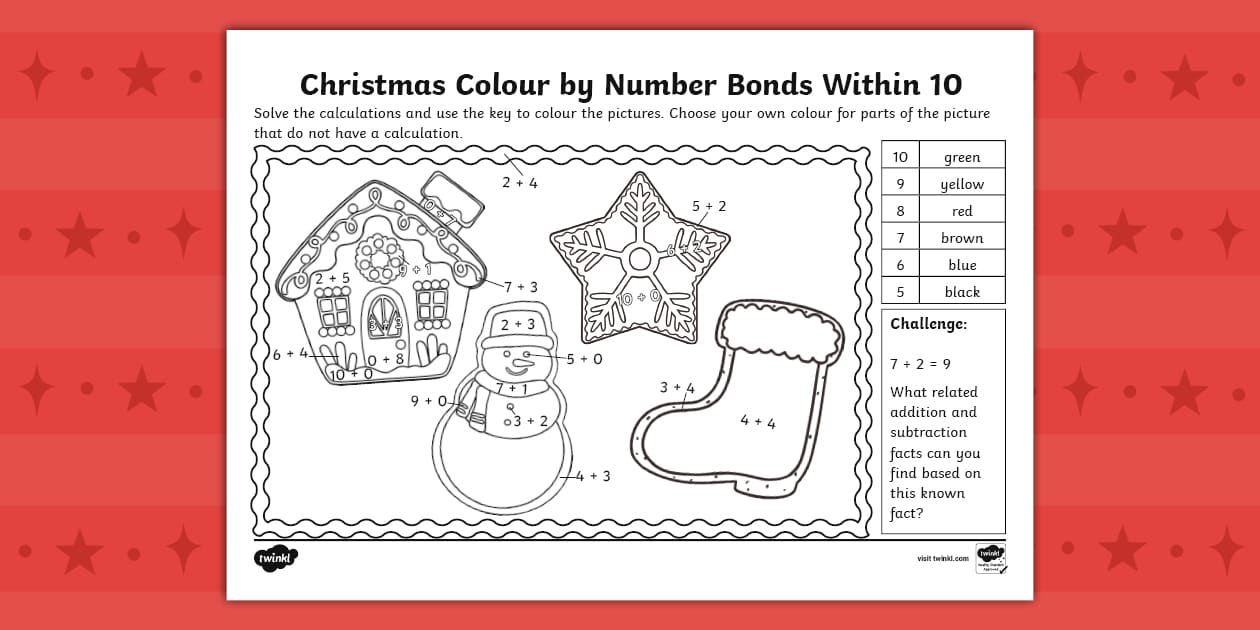 👉 Christmas Colour by Number Bonds Within 10 - Twinkl - KS1