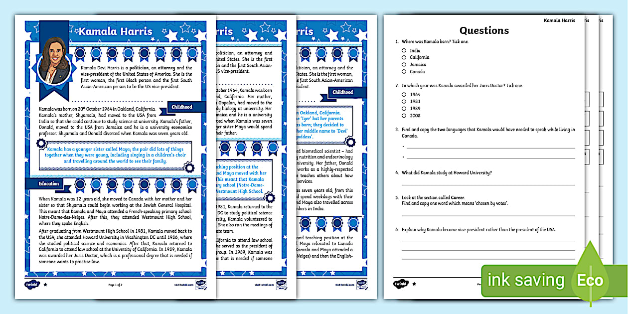 UKS2 Kamala Harris Differentiated Reading Comprehension Activity