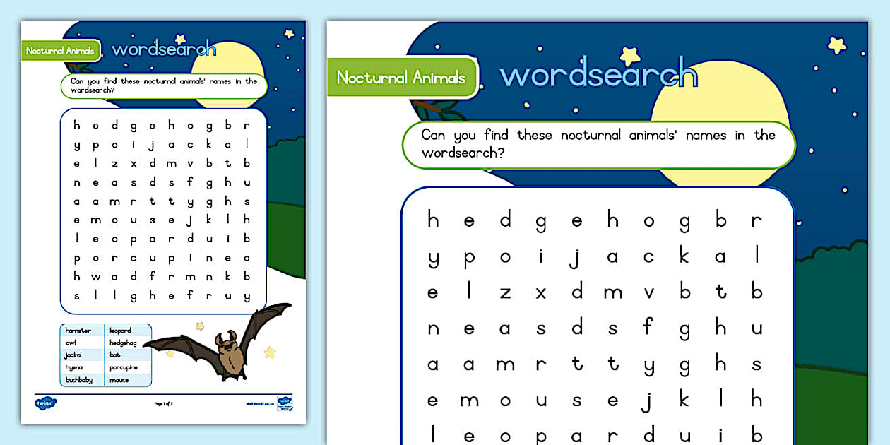 Gr 2: Life At Night: Nocturnal Animals: Word Search