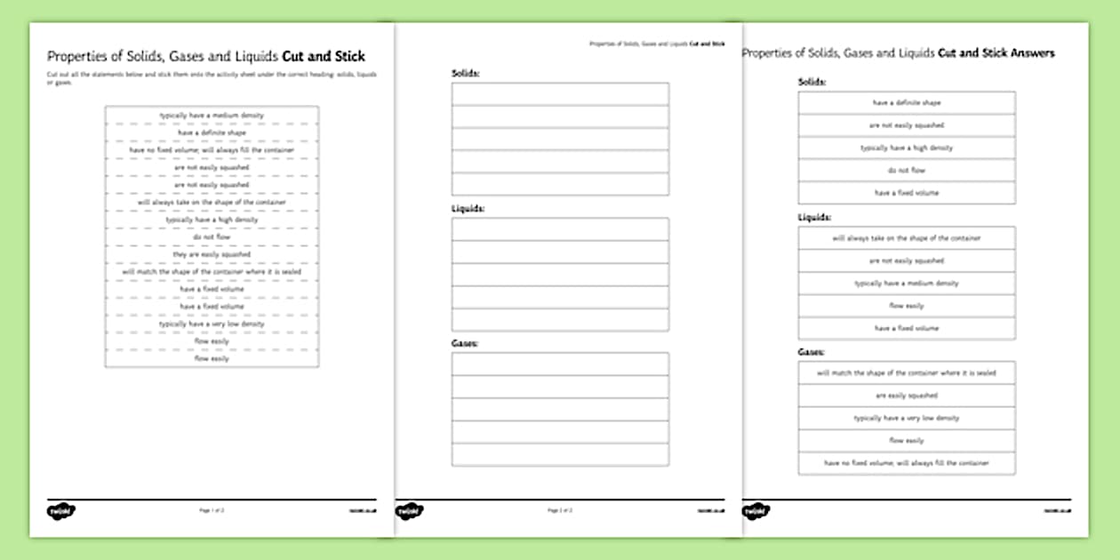 Properties Of Solids Liquids And Gases Worksheet - Twinkl
