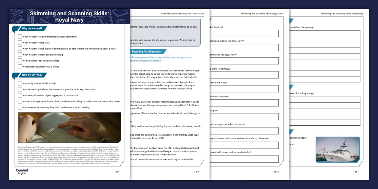 Skimming and Scanning Skills Activity Sheet (teacher made)
