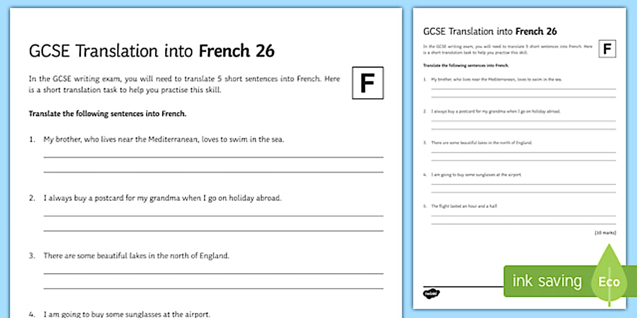 GCSE Translation into French 26 Foundation Tier Worksheet / Worksheet