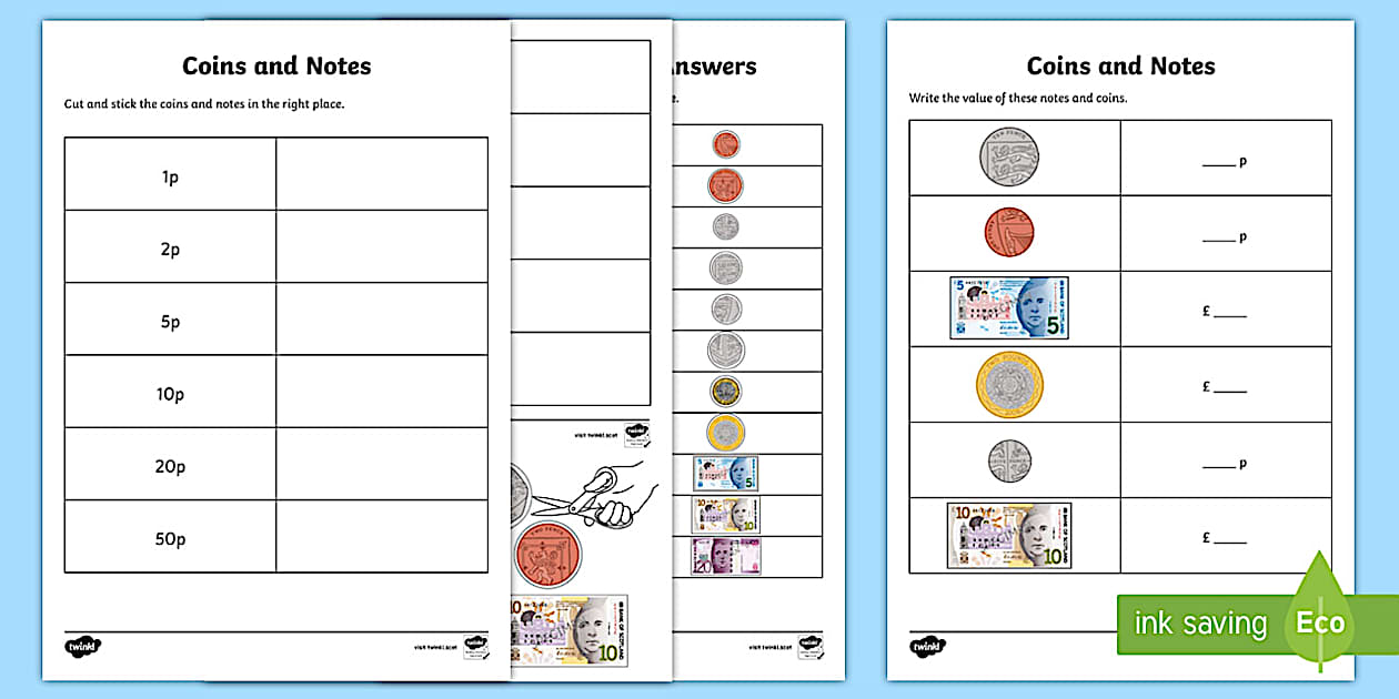 Editable Recognising Scottish Coins and Notes Differentiated Worksheets