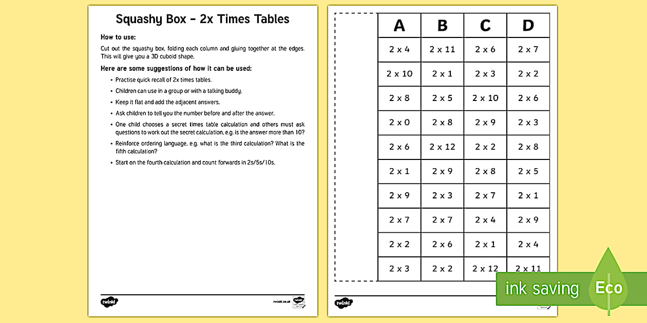 Editable Squashy Boxes 2x Times Tables Craft (teacher made)