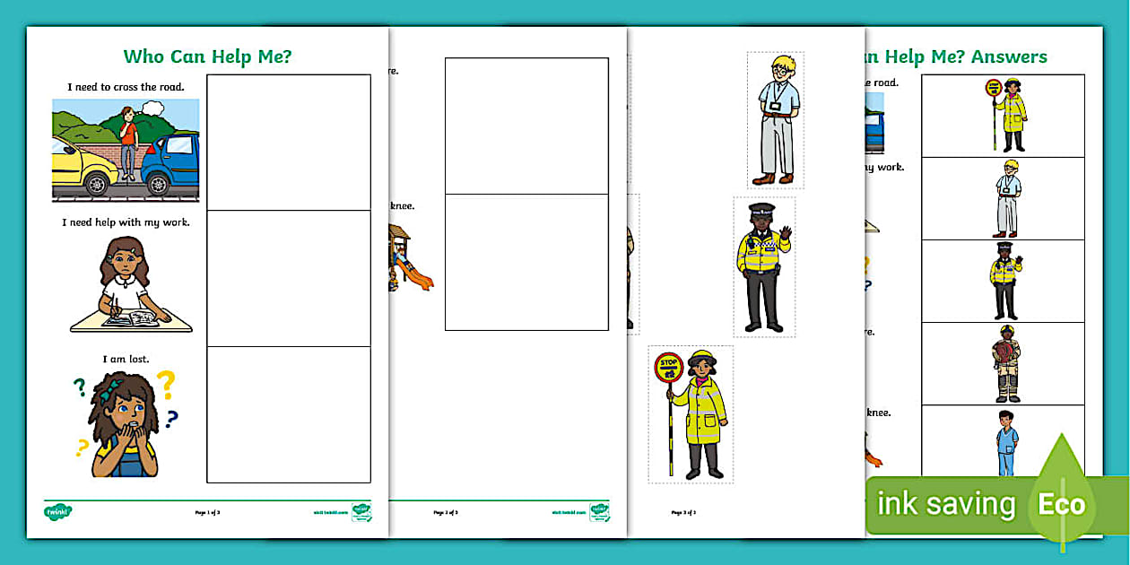 Cursive Who Can Help Me Cut and Stick Worksheet - Twinkl