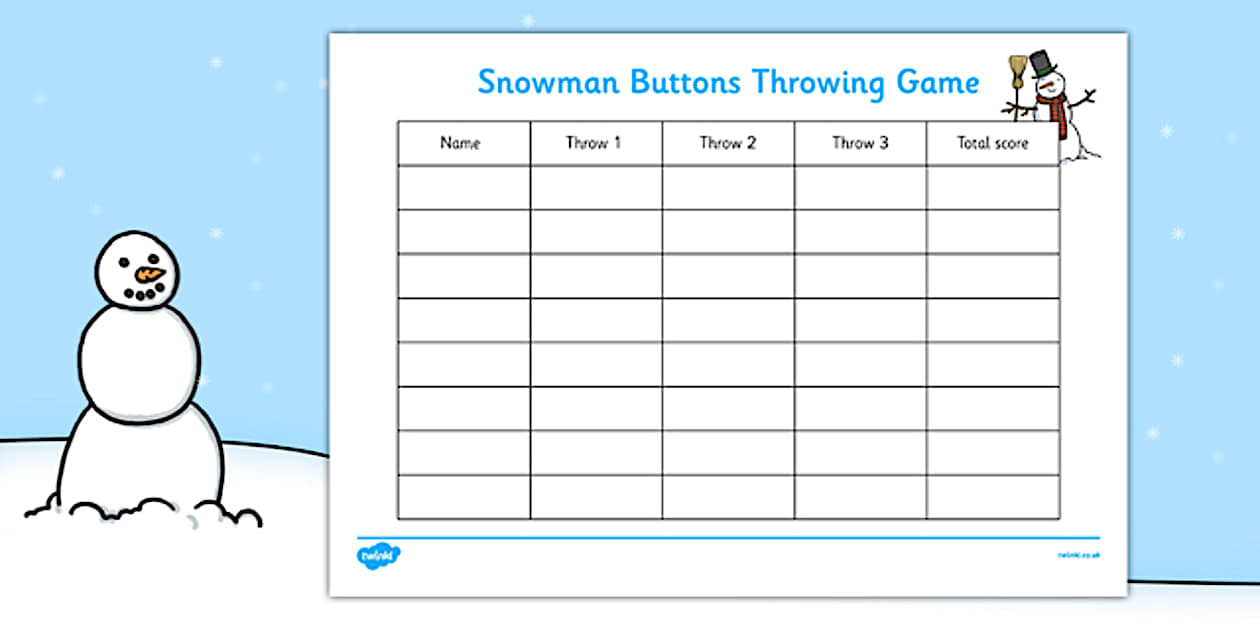 Black and White Snowman Buttons Throwing Game Score Sheet