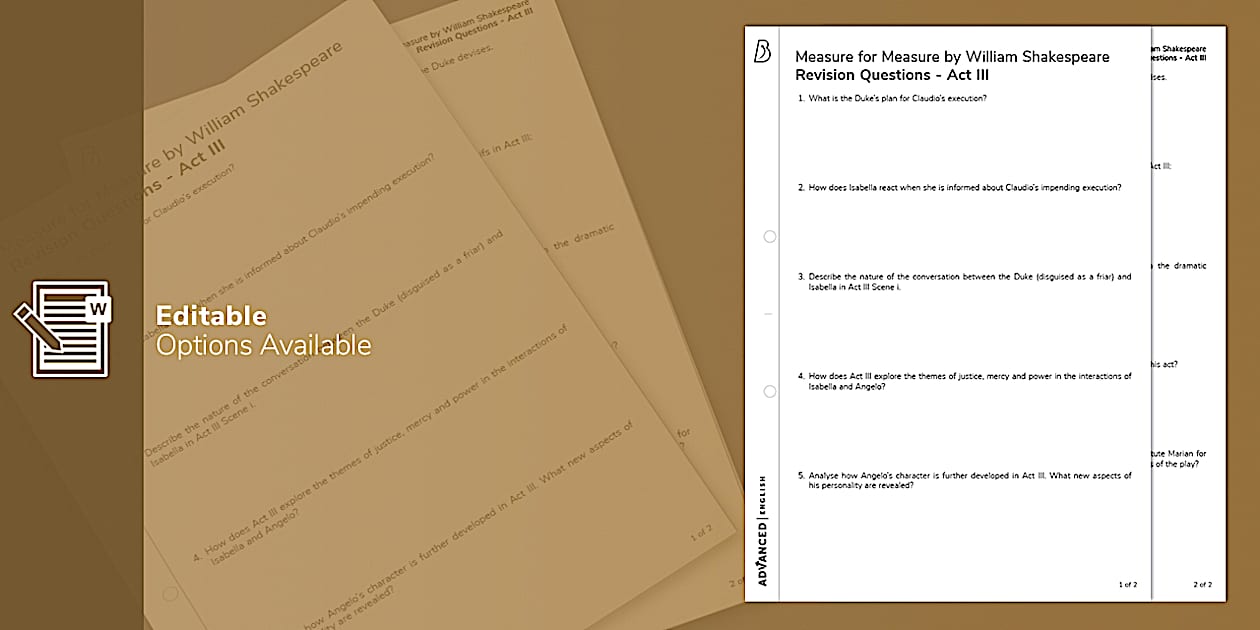 Measure for Measure: Act III Revision Questions - Twinkl