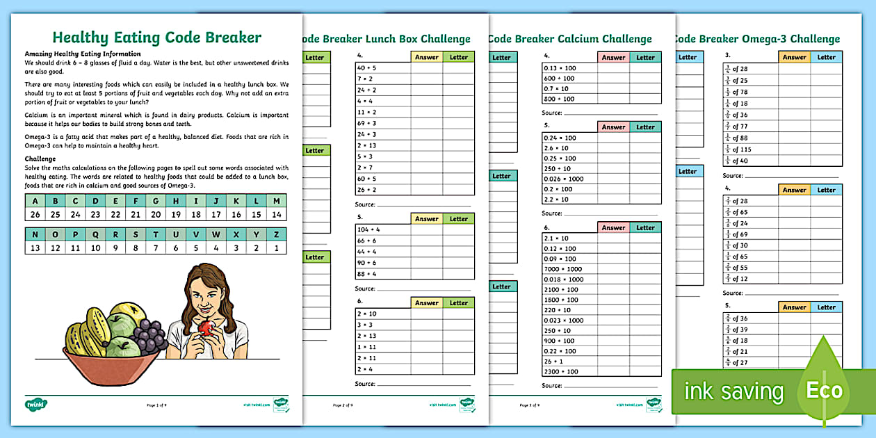 UKS2 Healthy Eating Code Breaker Differentiated Worksheets