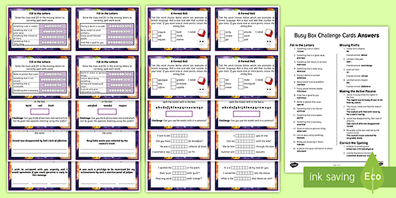 Cursive UKS2 Busy Box English Challenge Cards - Twinkl
