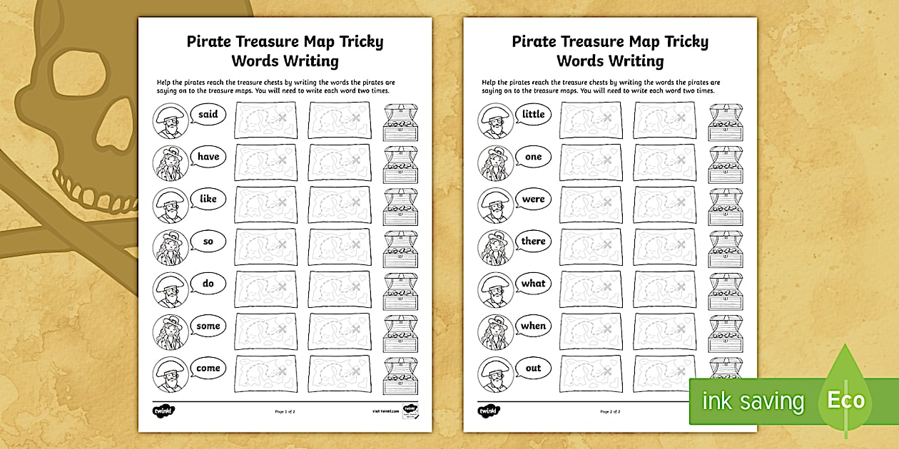Pirate Treasure Map Phase 4 Tricky Words Writing Worksheets