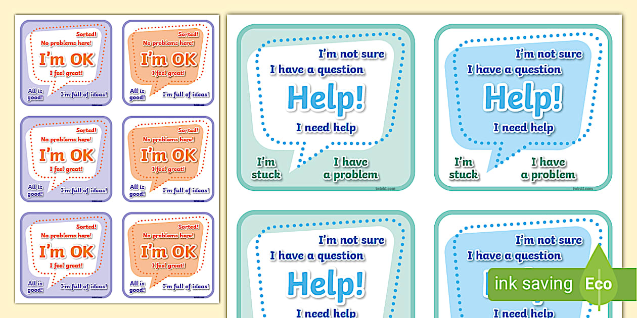 "I'm OK" and "Help!" Table Support Cards (teacher made)