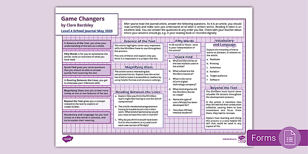 L4 May 2020 School Journal Game Changers Article Comprehension