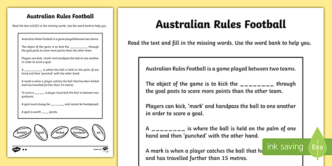 Australian Rules Football Differentiated Cloze Worksheet / Worksheets