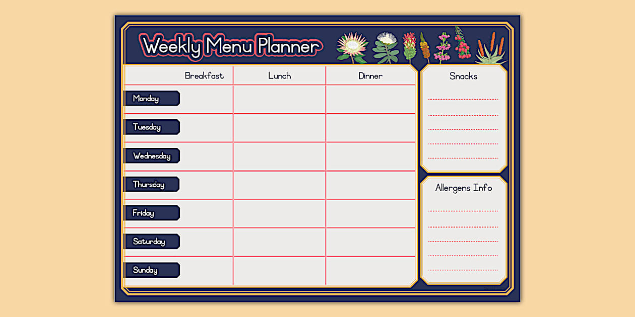 Fynbos-Themed Menu Planner Worksheet - Twinkl