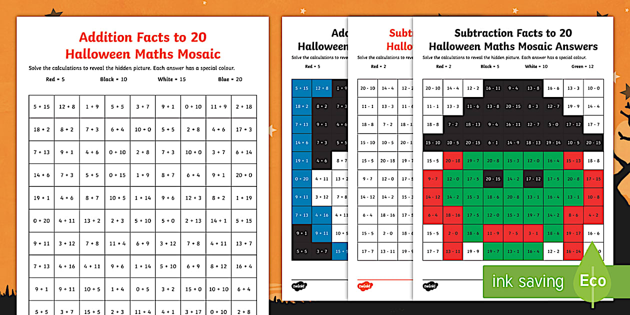 Halloween Addition and Subtraction Maths Mosaics Worksheets