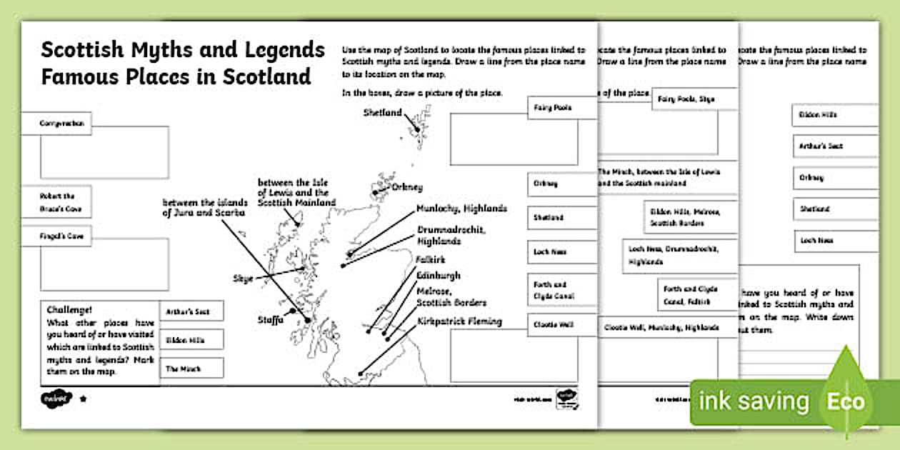 Scottish Myths and Legends Famous Places Worksheet - Twinkl