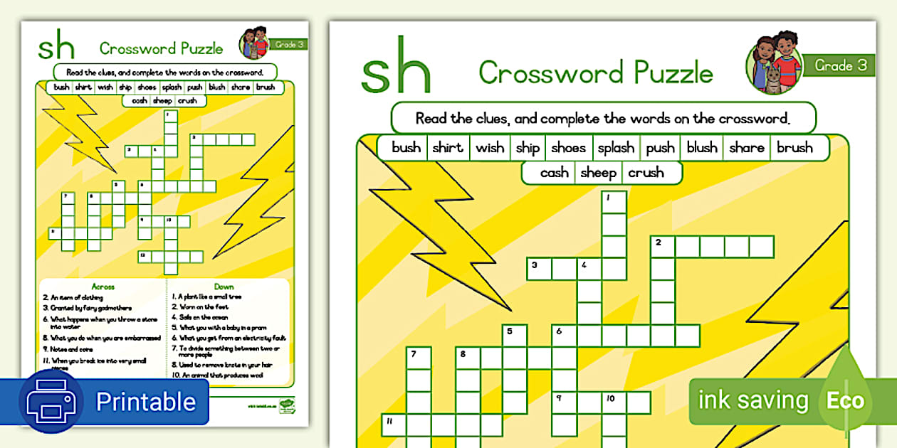 Grade 3 Phonics Crossword Puzzle sh (Hecho por educadores)