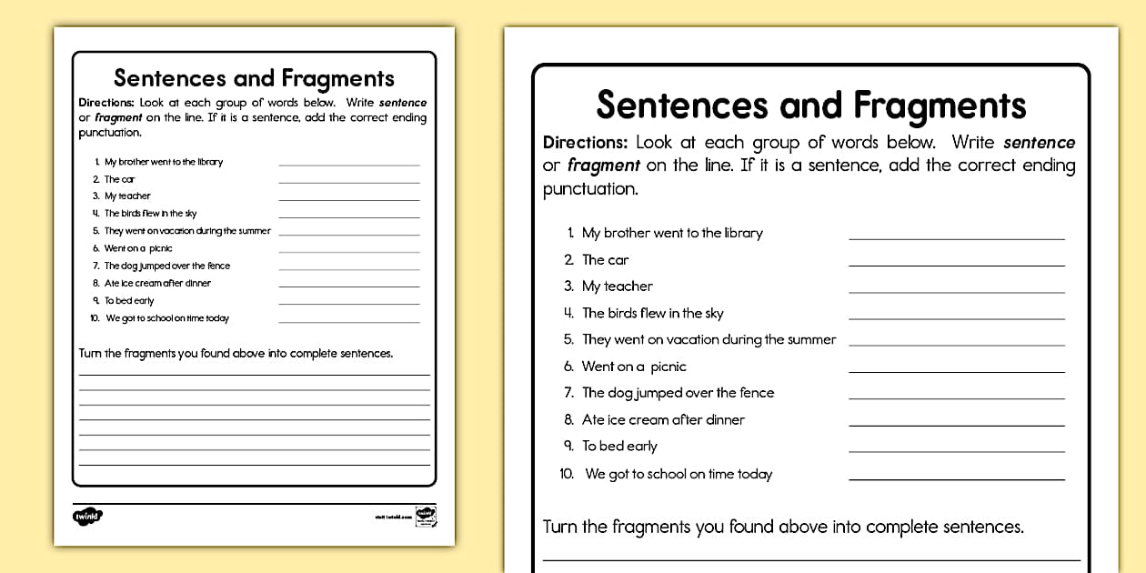 First Grade Sentences and Fragments Worksheet (teacher made)