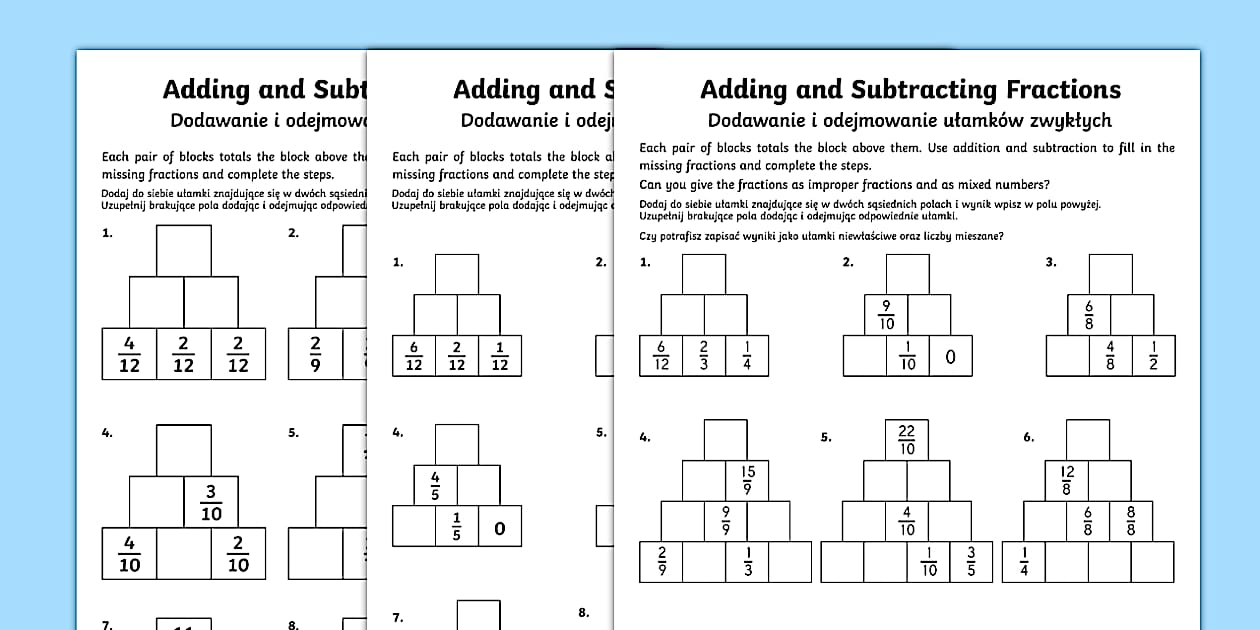 Adding and Subtracting Fractions Worksheet / Worksheet English/Polish