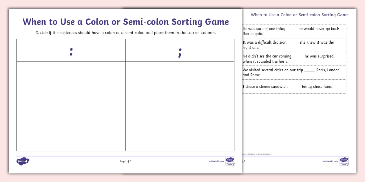 When to Use a Colon or Semi-colon Sorting Game - Twinkl