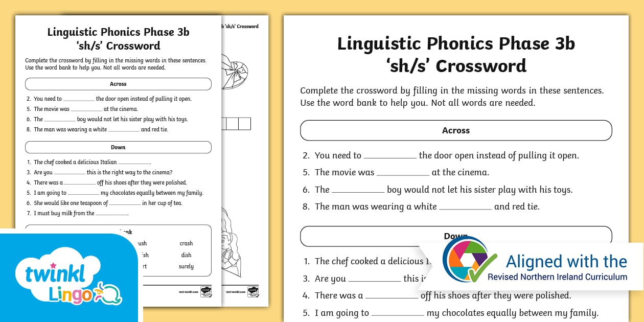 Linguistic Phonics Phase 3b 'sh/s' Crossword