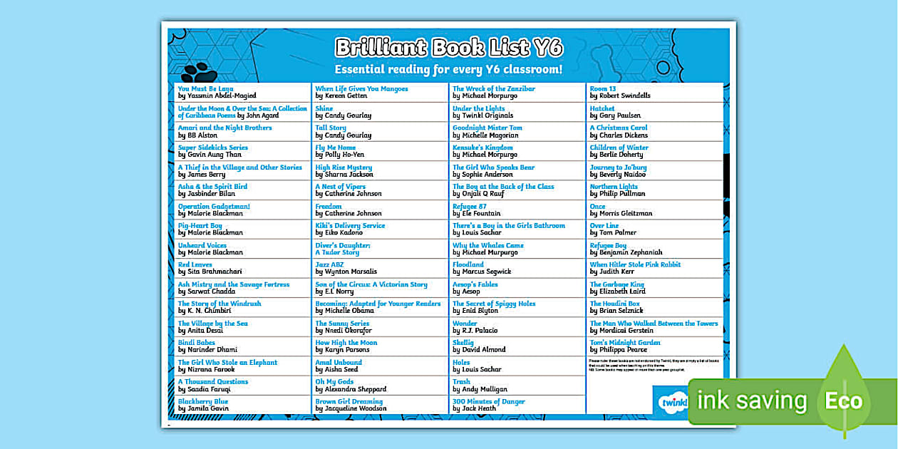 Year 6 Book List - Reading Choices - Primary Resources