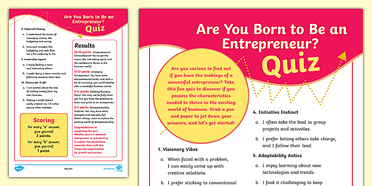Are You Born to Be an Entrepreneur? Quiz (teacher made)
