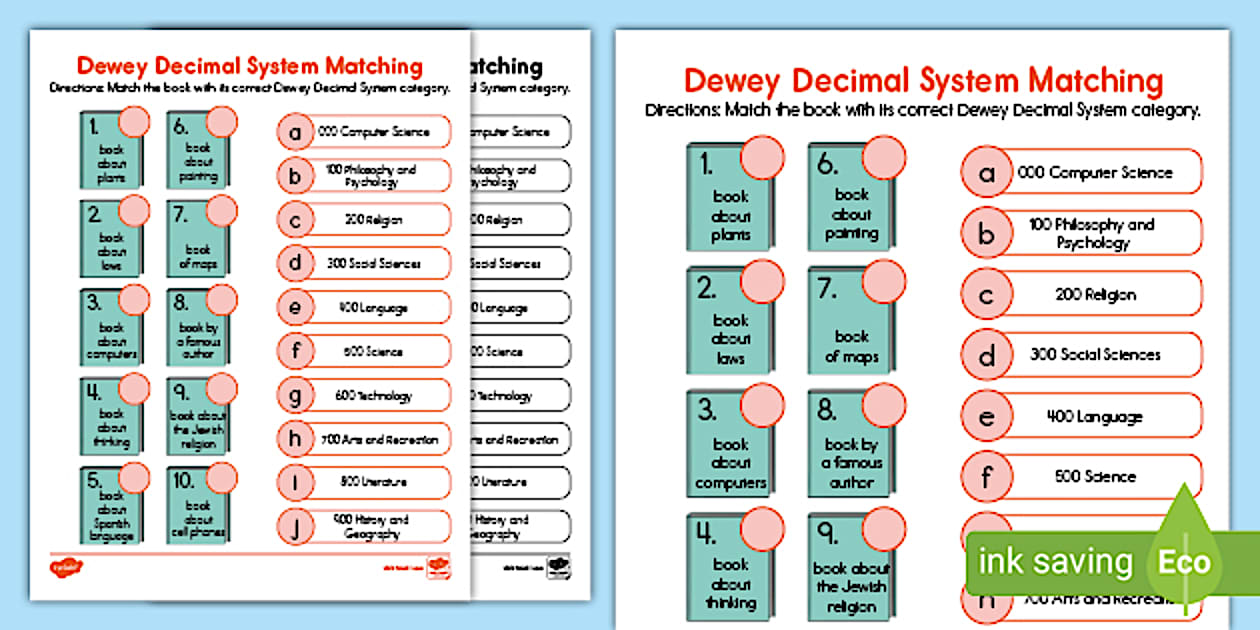 Dewey Decimal Matching Worksheet | Libraries | Twinkl USA