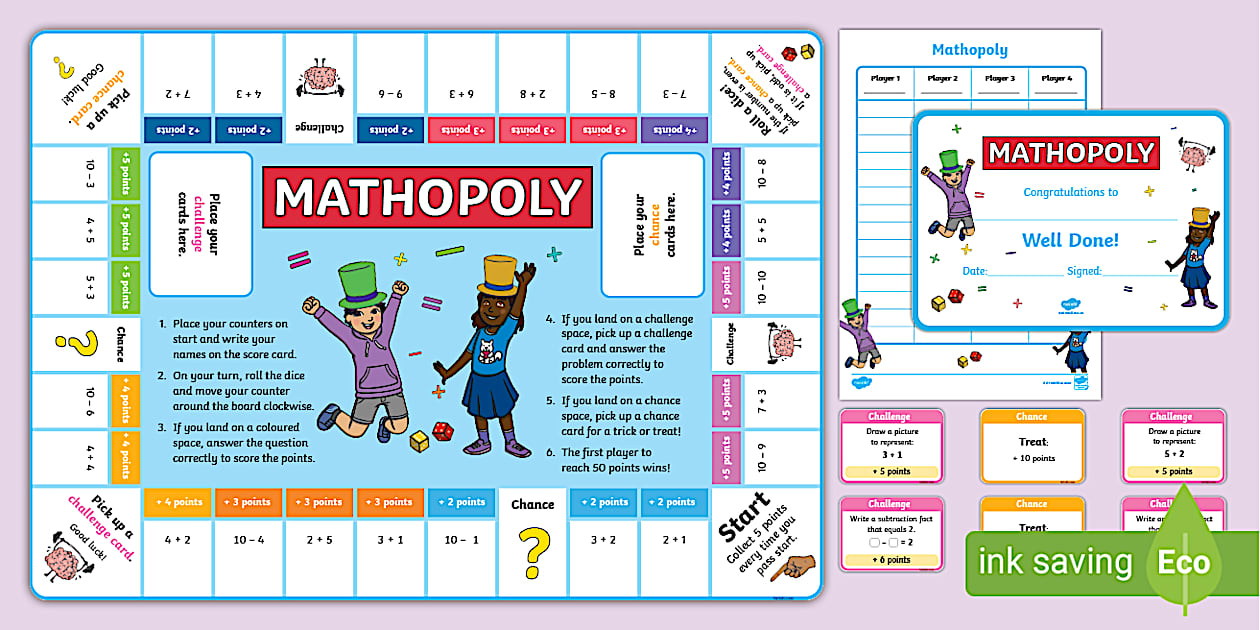 Addition and Subtraction within 10 Mathopoly Board Game