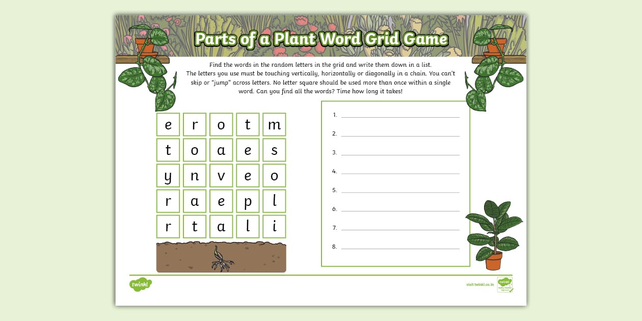 Parts of a Plant Word Grid Game