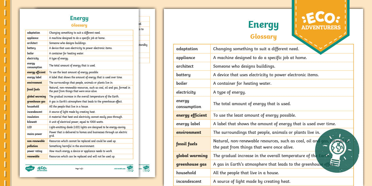 Year 5 Energy: Key Vocabulary Glossary