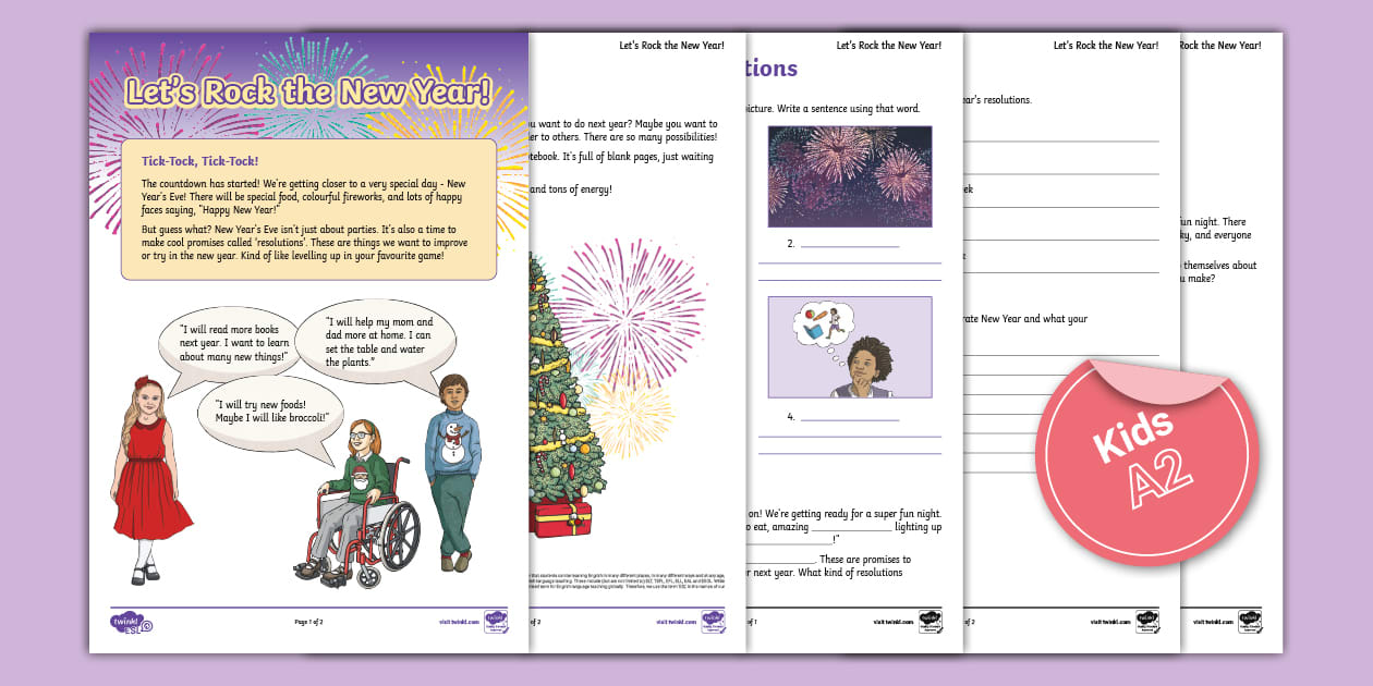 ESL New Year's Resolutions Reading Comprehension [Kids, A2]