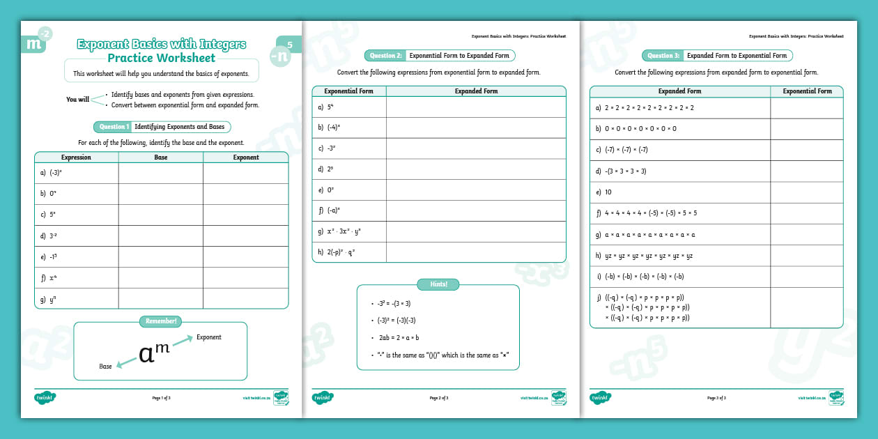 Exponent Basics with Integers: Practice Worksheet - Twinkl