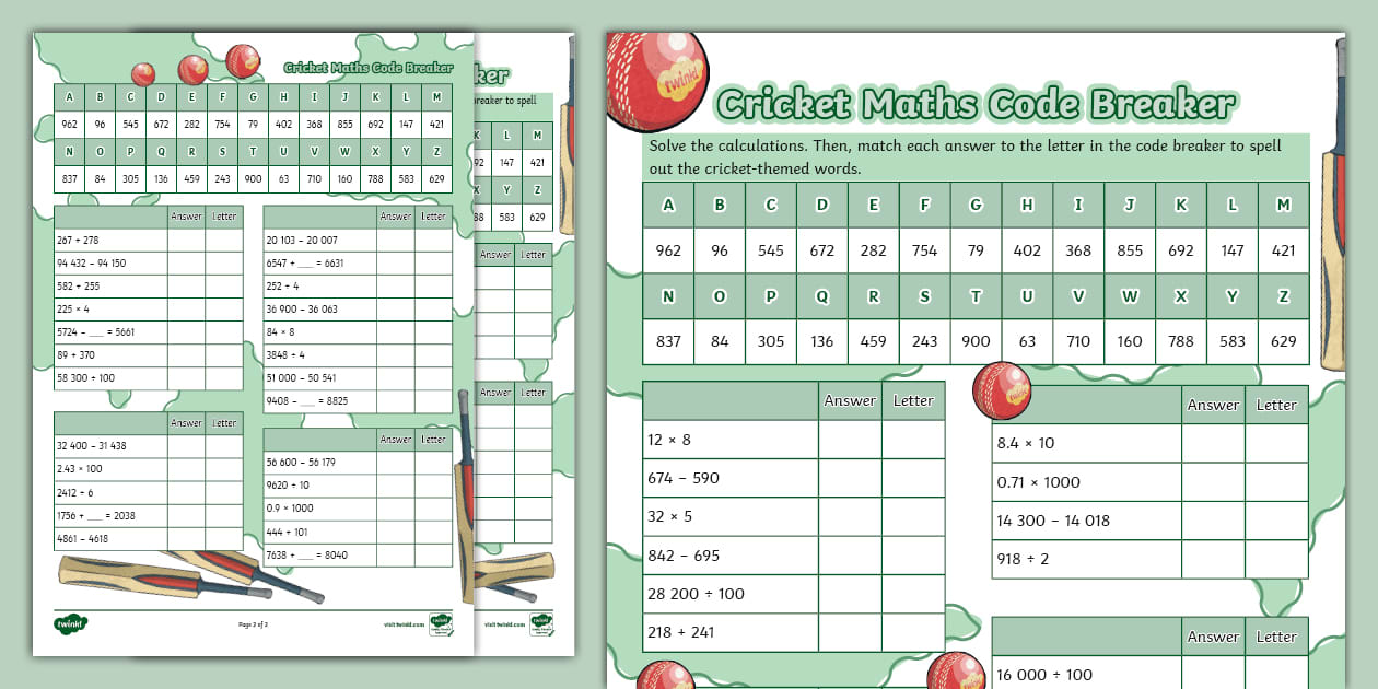 👉 Year 5 Cricket Maths Code Breaker (teacher made)