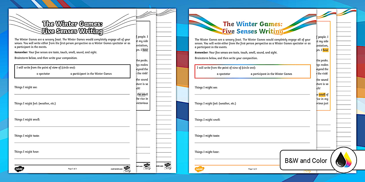 The Winter Games: Five Senses Writing Worksheet for 3rd-5th Grade