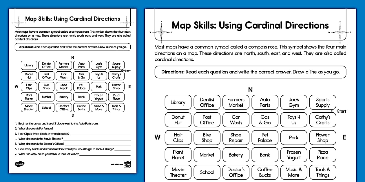 Map Skills Worksheet: Using Cardinal Directions - Twinkl