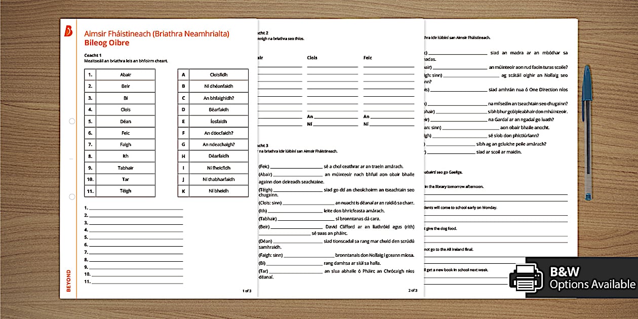 Aimsir Fháistineach (Briathra Neamhrialta) - Bileog Oibre