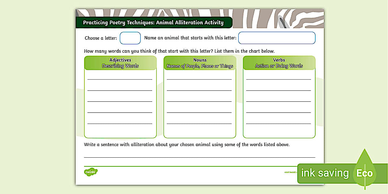 Practicing Poetry - Animal Alliteration Activity - Twinkl