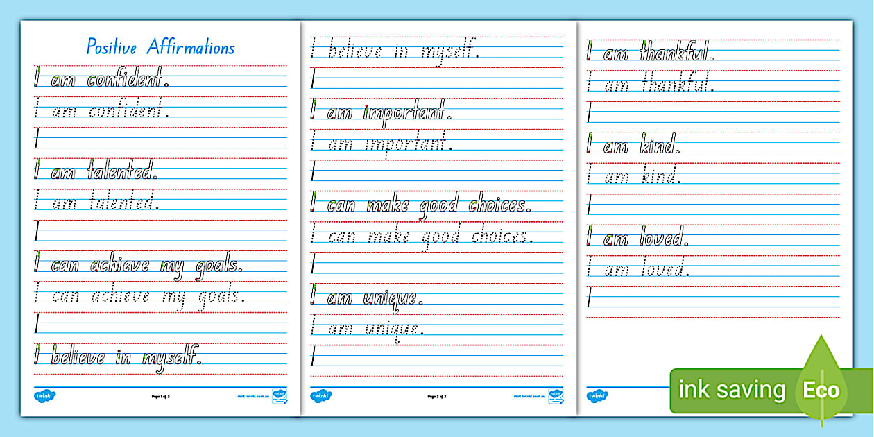 Handwriting Day Sheets Ι Positive Affirmations - Twinkl
