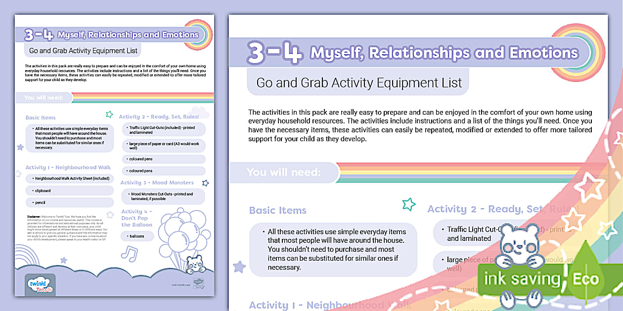 3-4 Years Myself, Relationships and Emotions Activity Equipment List