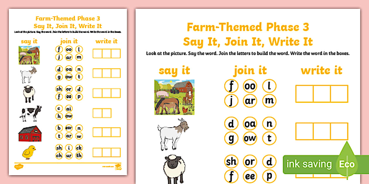 Farm-Themed Phase 3 Say It, Join It, Write It Activity